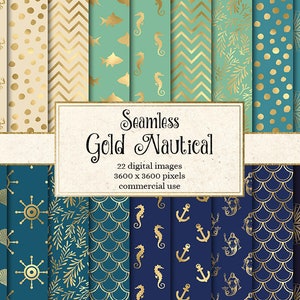 Gold Nautical Digital Paper, Seamless Golden Ocean Patterns, Sea ...
