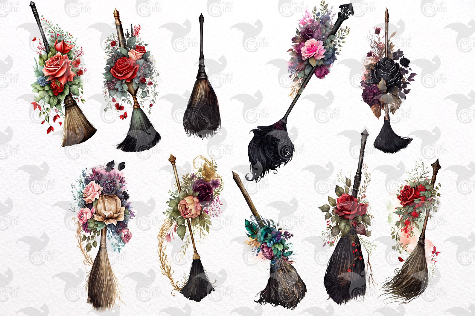 Watercolor Floral Brooms Clipart – Cottagecore Witch PNG (digital ...
