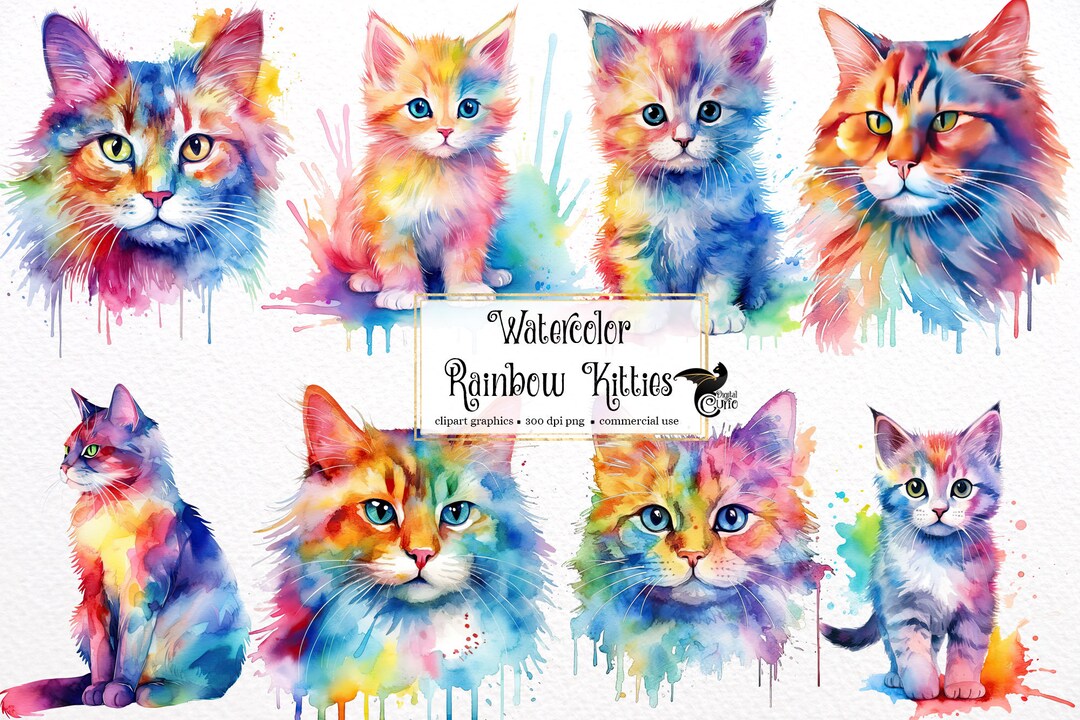 Watercolor Rainbow Kitties Clipart - Cute Cats and Kittens With Rainbow ...