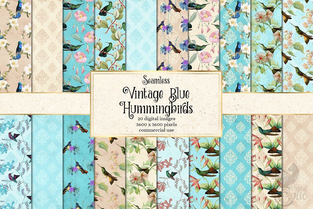 Vintage Blue Hummingbirds Digital Paper, Seamless Hummingbird Patterns ...