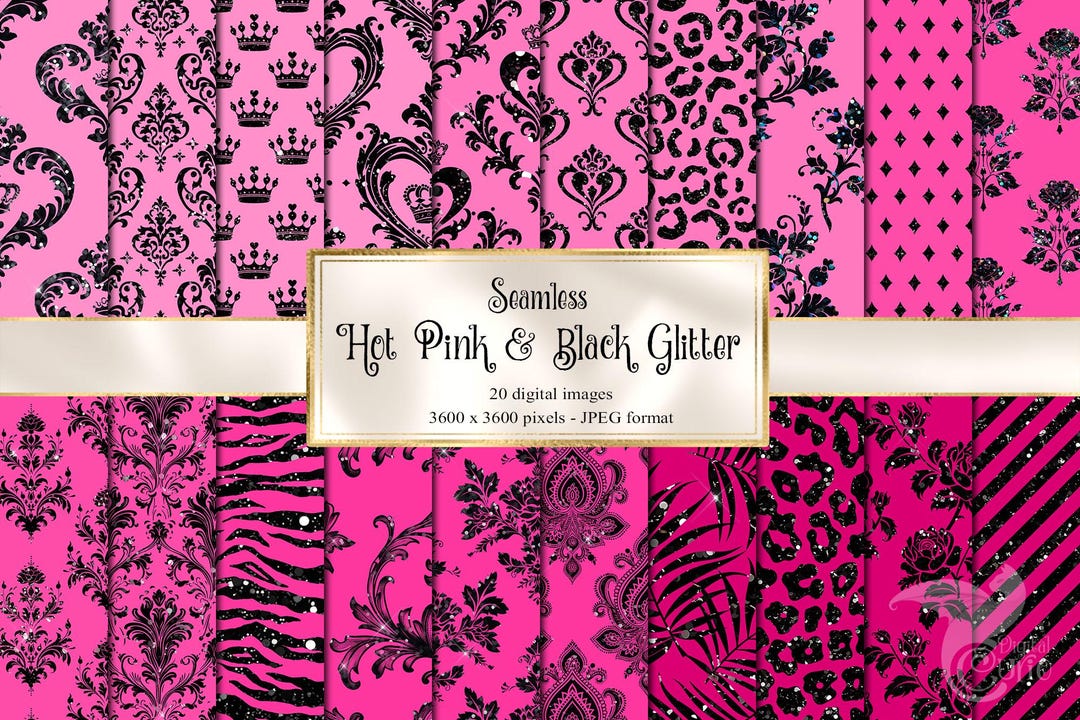 Hot Pink and Black Glitter Digital Paper, Seamless Damask Pattern ...