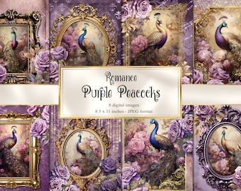 Purple Peacock Journal Papers Printable 16 Sheets Violet Lavender ...