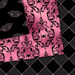 Black and Hot Pink Halloween Digital Paper, Seamless Witch and Skull ...