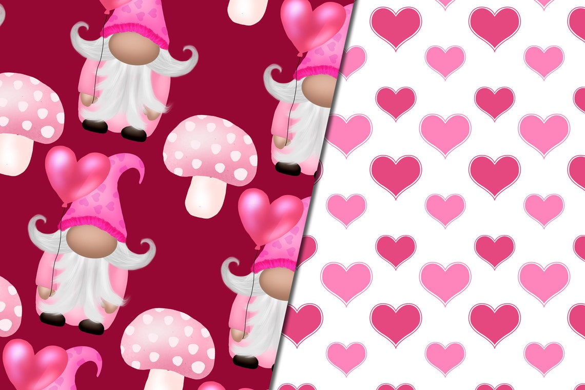 Valentine Gnome Digital Paper Seamless Heart Patterns With | Etsy