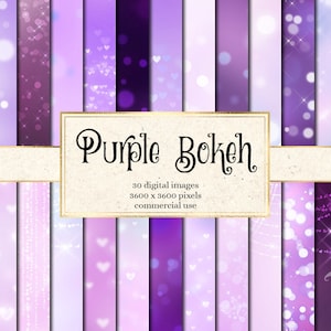 Purple Bokeh Digital Paper, Printable Backgrounds With Hearts and Fairy ...