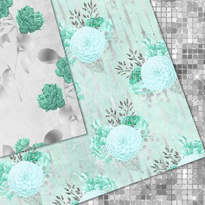 Aqua and Silver Floral Digital Paper, Seamless Turquoise Rose Printable ...
