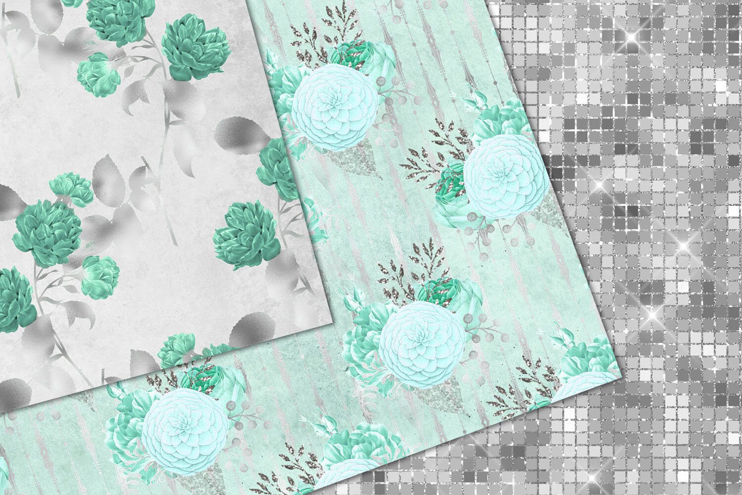 Aqua and Silver Floral Digital Paper Seamless Turquoise Rose - Etsy