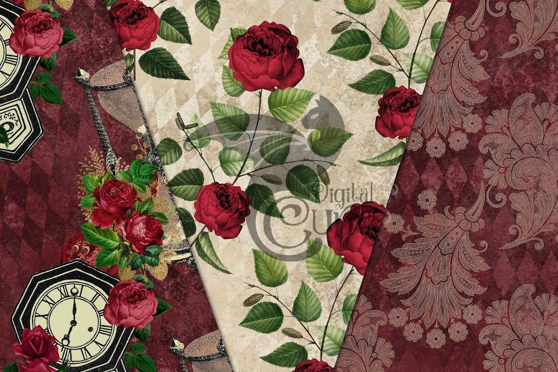 Harlequin Rose Digital Paper - Seamless Vintage Distressed Flower and ...