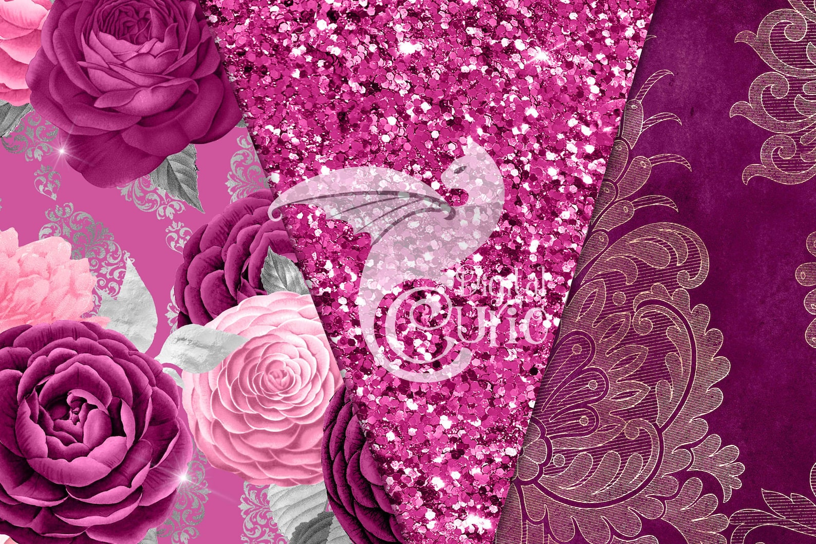 Magenta and Silver Digital Paper Seamless Patterns and | Etsy