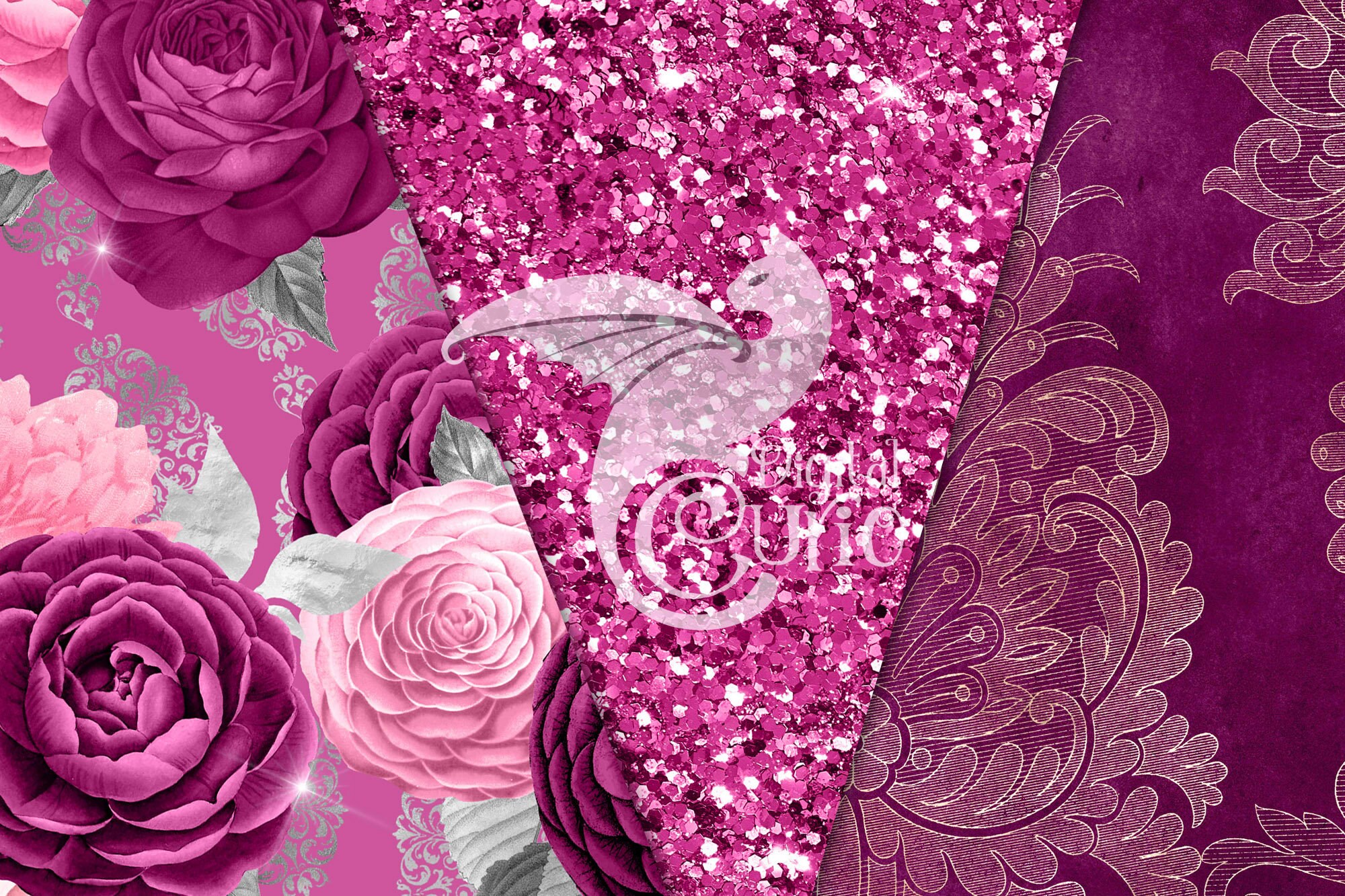 Magenta and Silver Digital Paper Seamless Patterns and - Etsy