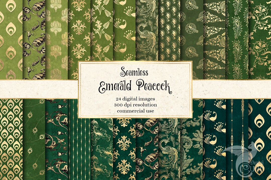 Emerald Peacock Digital Paper, Seamless Green Gold Peacock Patterns ...
