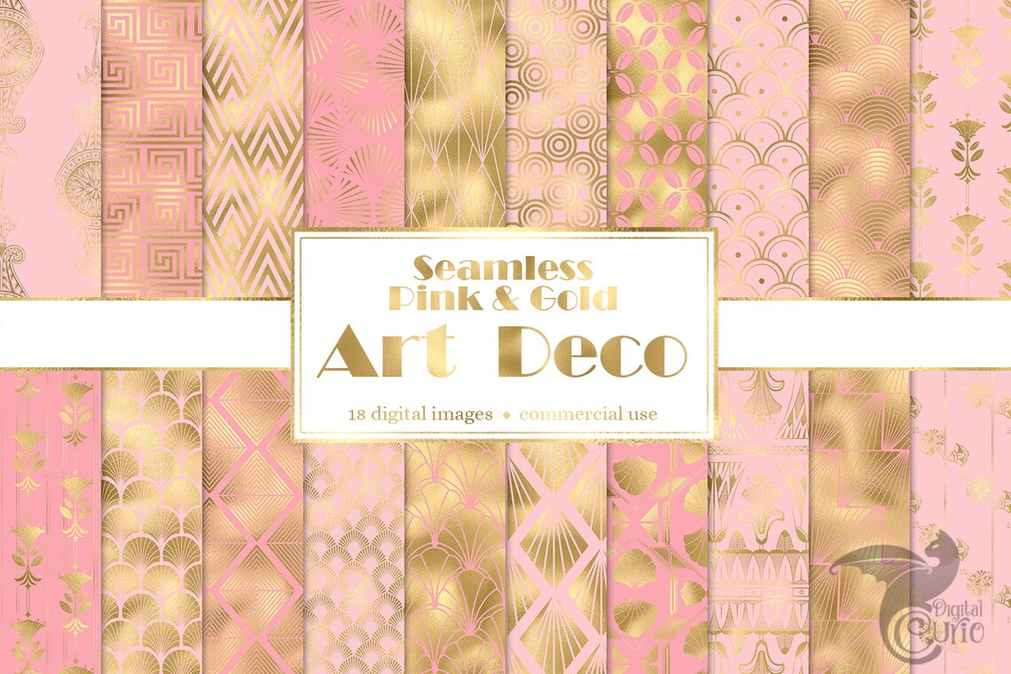 Pink and Gold Art Deco Digital Paper, Seamless Geometric Patterns ...