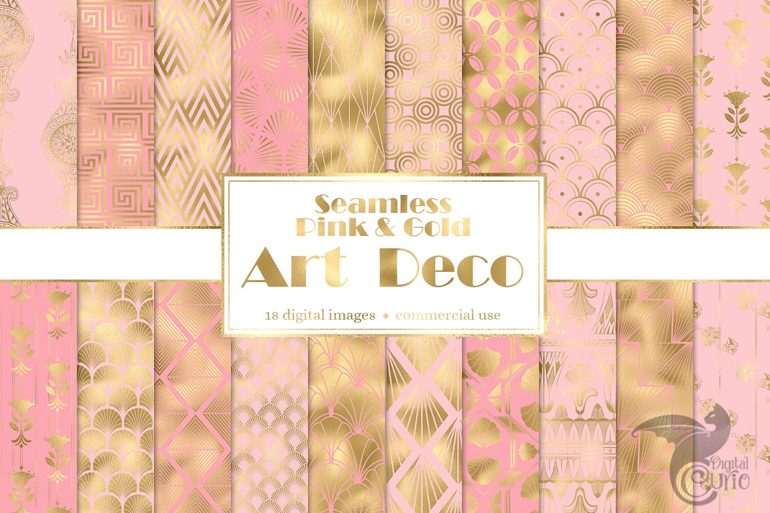 Pink and Gold Art Deco Digital Paper, Seamless Geometric Patterns ...