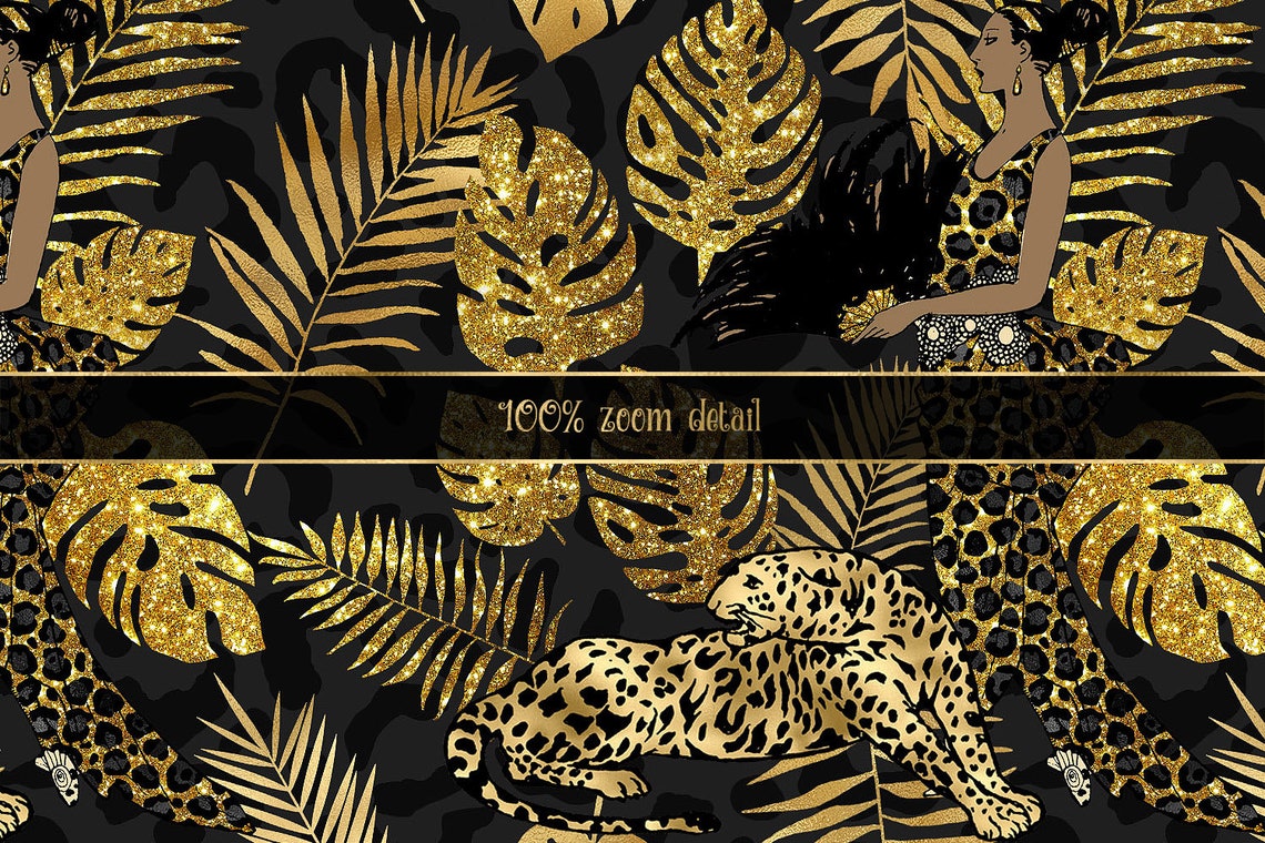 Black and Gold Leopard Digital Paper, Seamless Art Deco Patterns ...