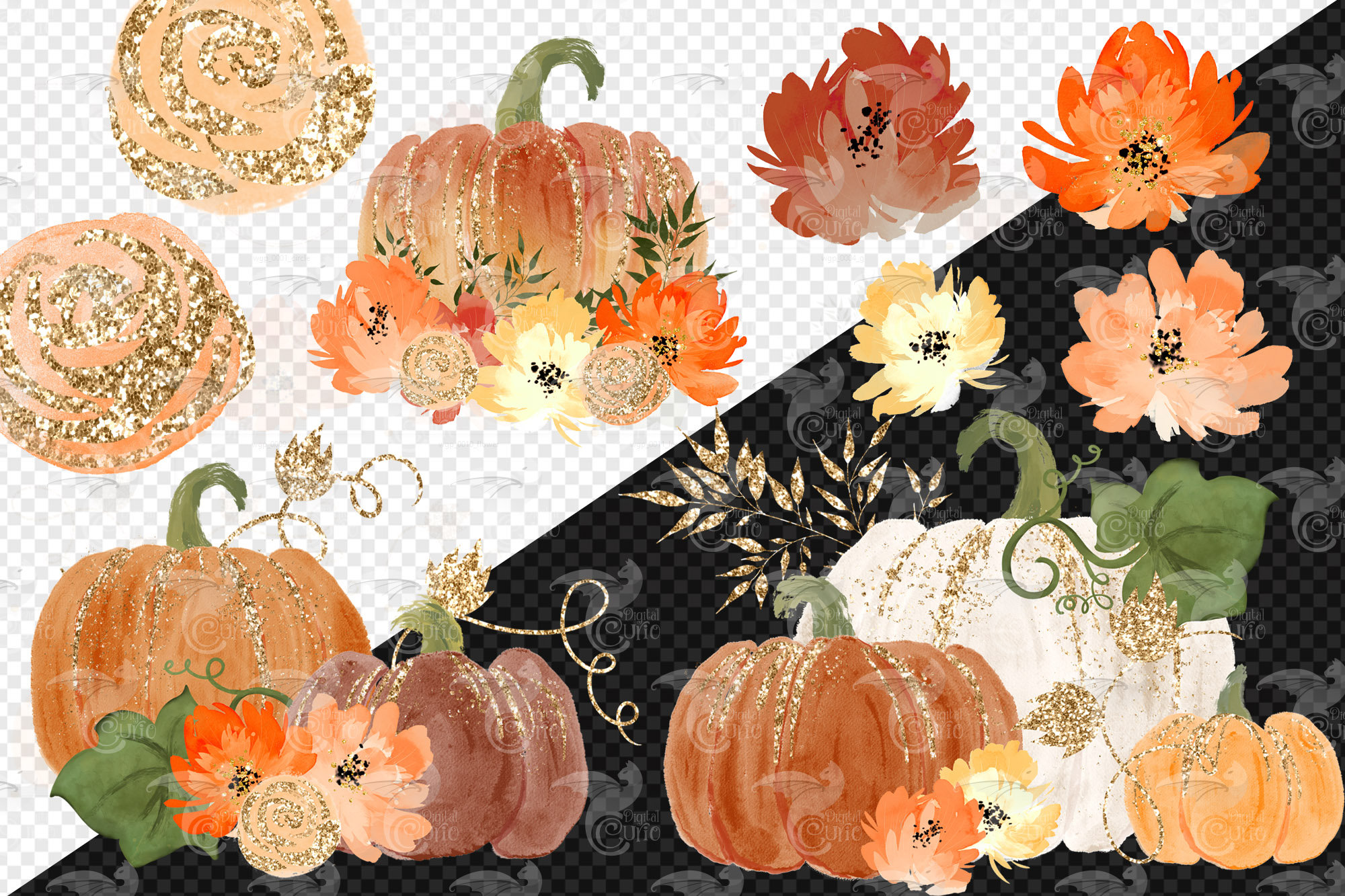 Watercolor Glitter Pumpkin Clip Art – Fall Graphics (PNG Format) - Etsy
