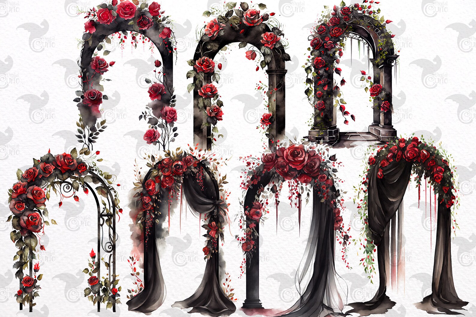 Watercolor Gothic Arches Clipart – Vampire Floral Wedding Arch PNG ...