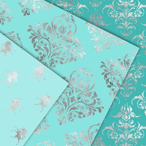 Aqua and Silver Digital Paper, Seamless Silver Foil Turquoise Wedding ...