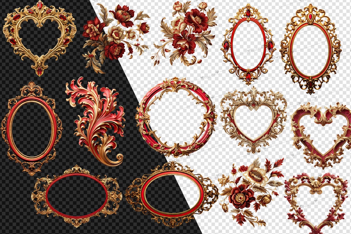 Red and Gold Rococo Flowers and Frames Clipart (PNG, Digital Download ...