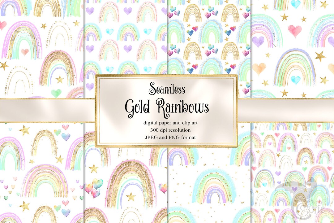 Gold Rainbows Digital Paper - Seamless Cute Watercolor Rainbow Hearts ...