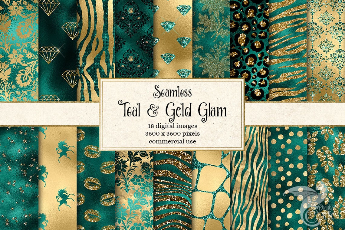 Teal and Gold Glam Digital Paper Seamless Gold and Teal - Etsy