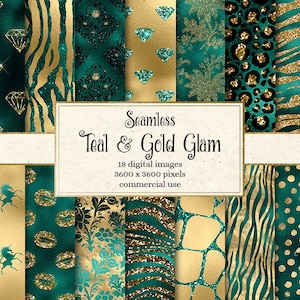 Teal and Gold Glam Digital Paper, Seamless Gold and Teal Glitter Glam ...