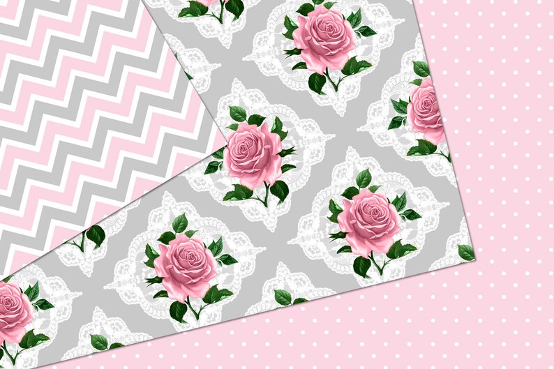 Pink and Gray Floral Digital Paper, Shabby Chic Seamless Patterns ...