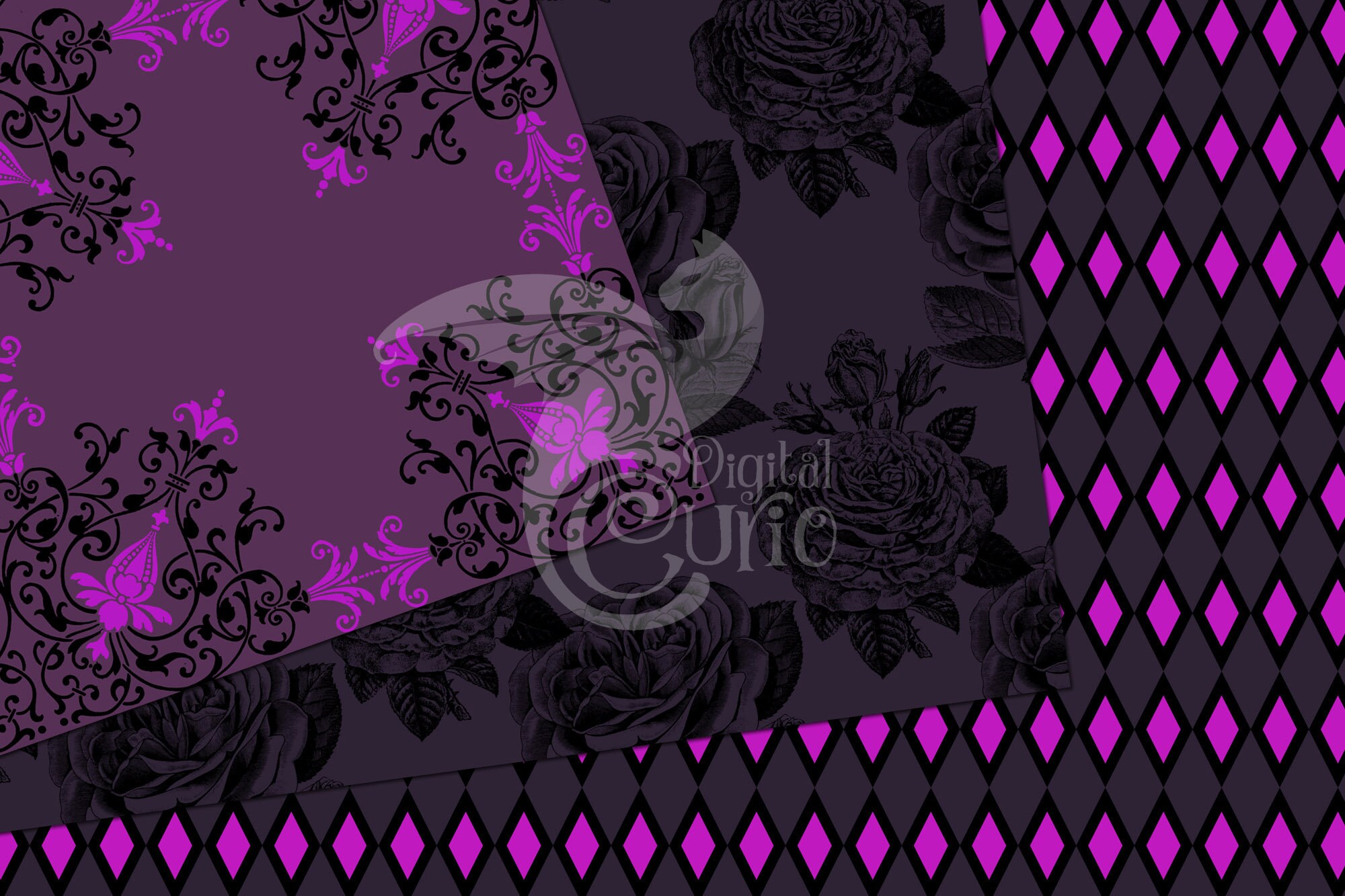 Purple Gothic Digital Paper, Seamless Skull Damask Halloween Patterns ...