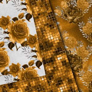 Copper and Silver Floral Digital Paper, Seamless Orange Rose Printable ...