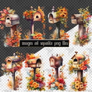 Watercolor Autumn Mailboxes Clipart - Cute Rustic Floral Post Boxes in ...