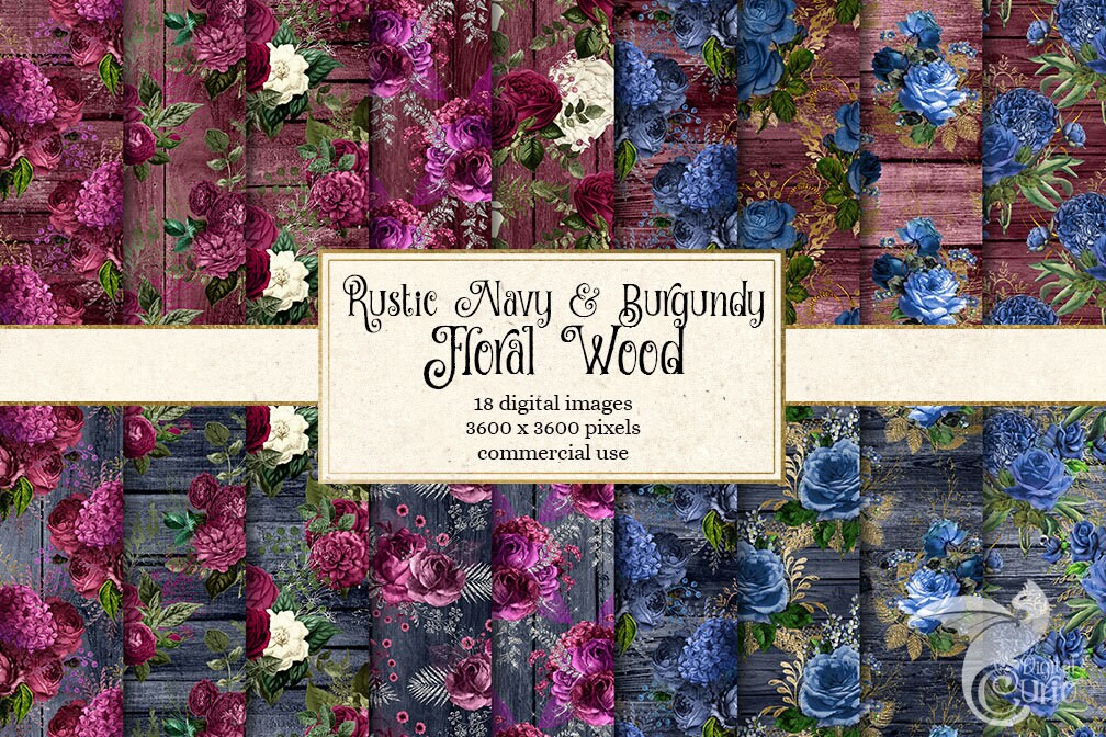 Rustic Navy and Burgundy Floral Wood Digital Paper Printable - Etsy