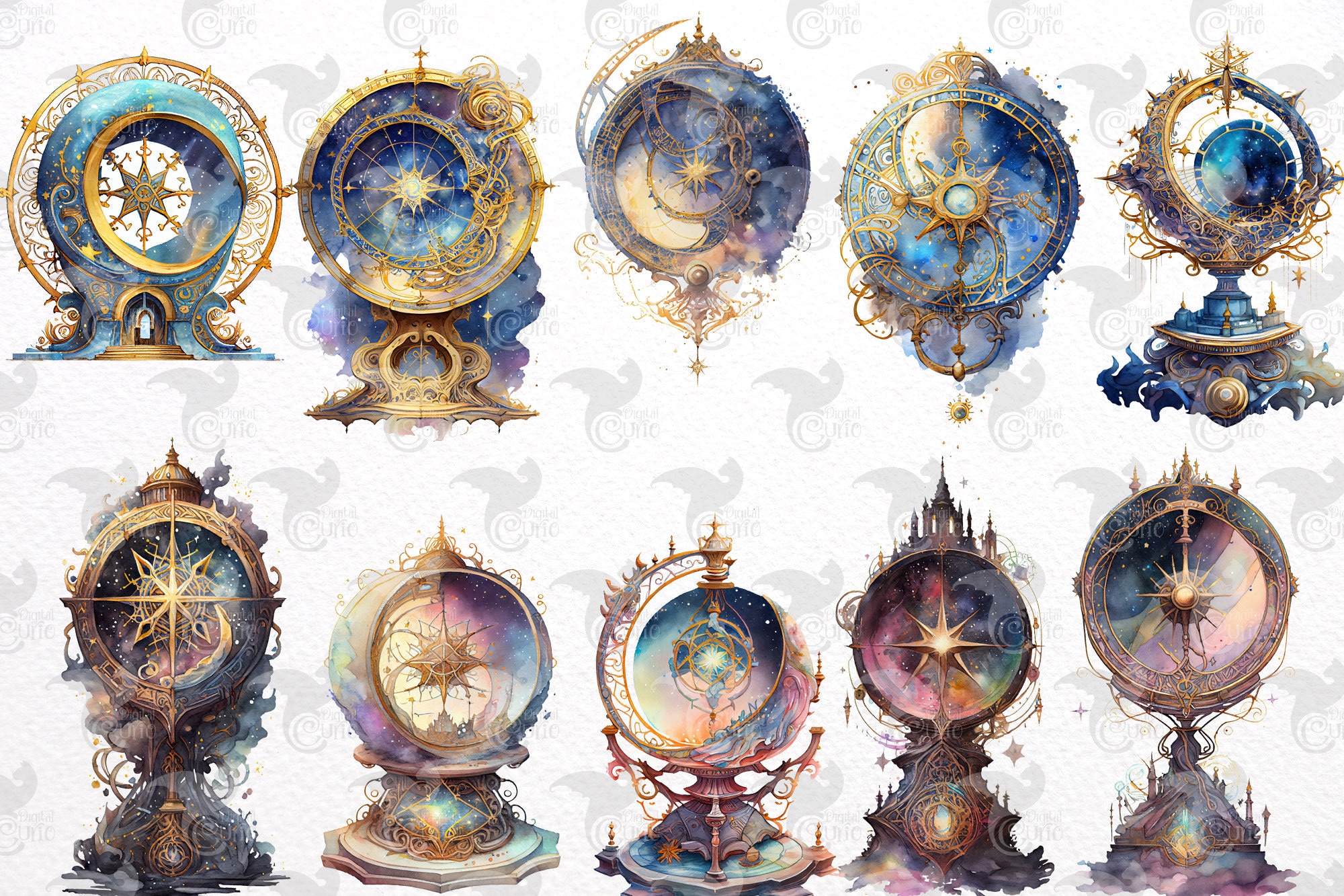 Watercolor Astrolabe Clipart - Fantasy Magic Celestial Watercolor PNG ...