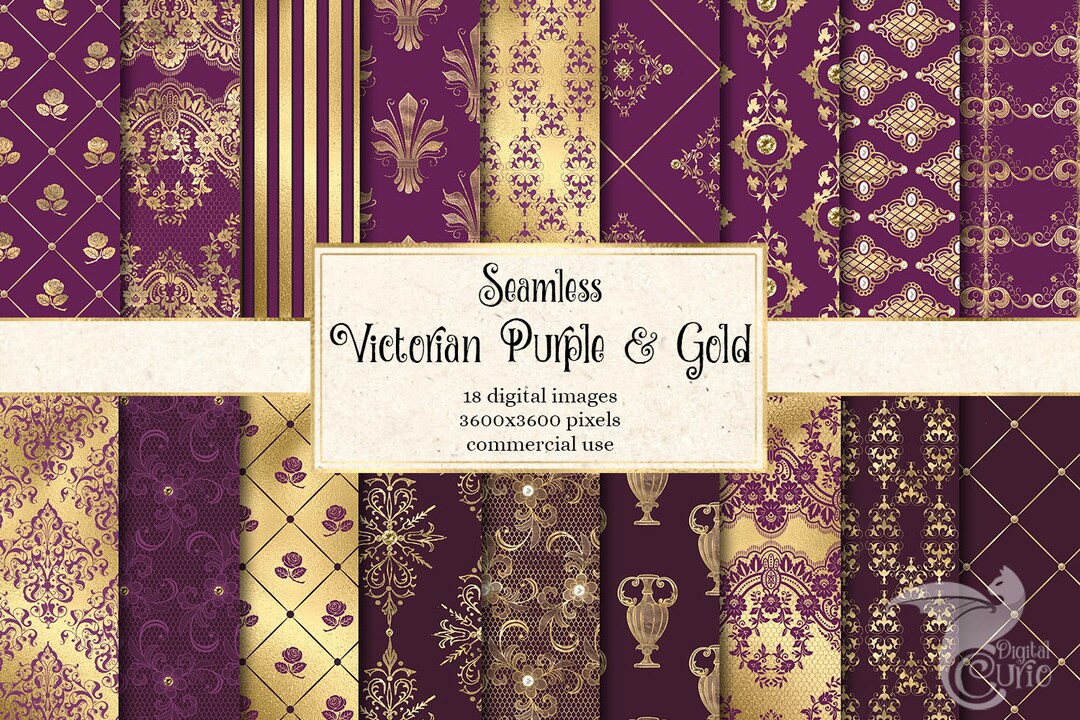 Victorian Purple and Gold Digital Paper, Ornate Seamless Patterns With ...