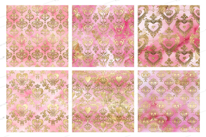 Pink and Gold Heart Damask Digital Paper - Seamless Printable Digital ...