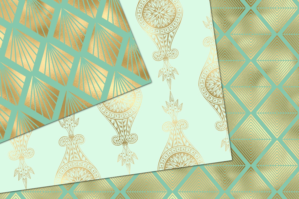 Mint and Gold Art Deco Digital Paper Seamless Deco Patterns - Etsy