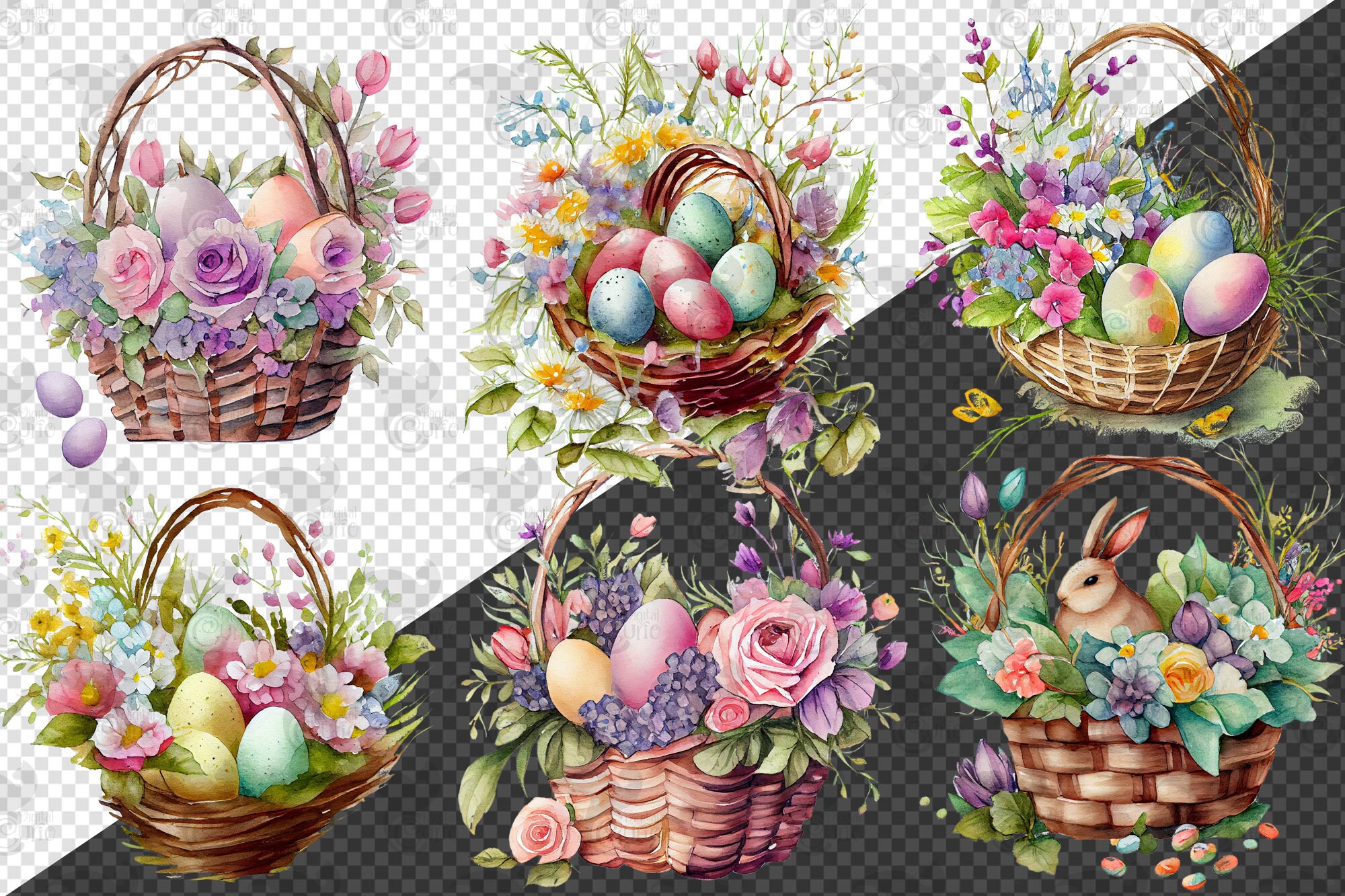 Watercolor Easter Baskets Clipart – Floral Egg Designs (PNG Format ...