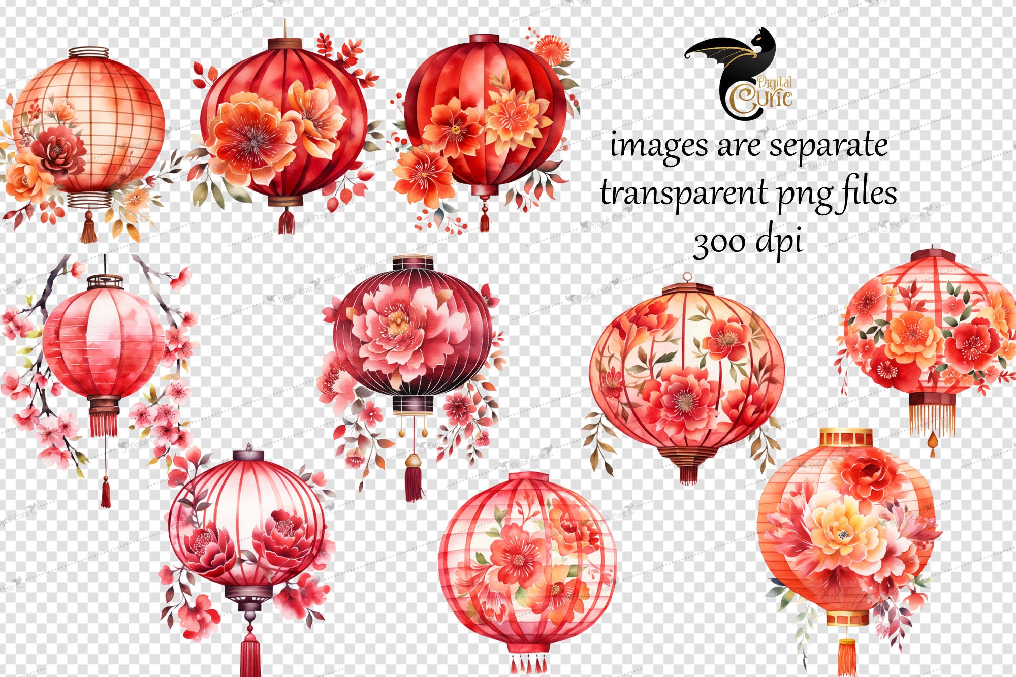 Watercolor Chinese Lanterns Clipart – Cherry Blossom PNG (digital ...