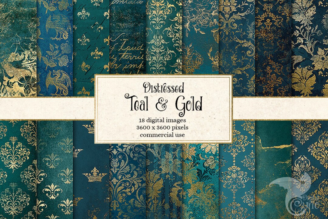 Distressed Teal and Gold Digital Paper, Gold Foil Patterns, Vintage ...