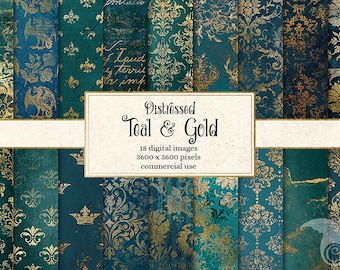 Teal & Gold Foil Damask Digital Paper Vintage Turquoise - Etsy