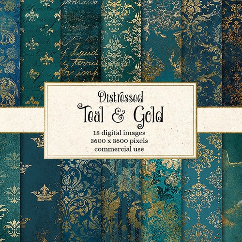 Distressed Blue and Gold Digital Paper Gold Foil Patterns | Etsy