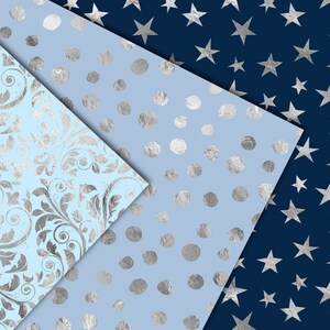 Blue and Silver Digital Paper, Seamless Silver Foil Scrapbook Paper ...