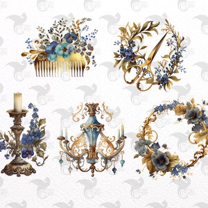 Watercolor Blue Antique Clipart - Vintage Shabby PNG Format Instant ...