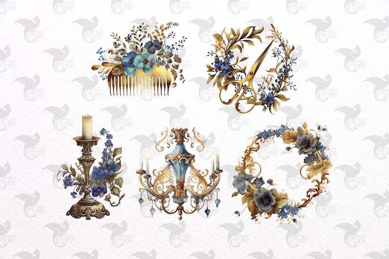 Watercolor Blue Antique Clipart - Vintage Shabby PNG Format Instant ...