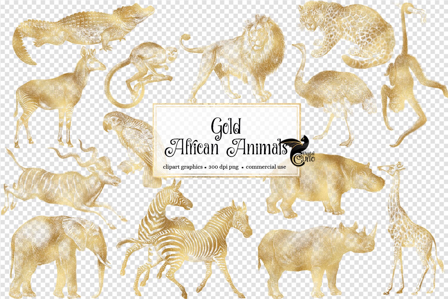 Vintage Gold African Animals Clipart, Safari Illustrations (digital ...