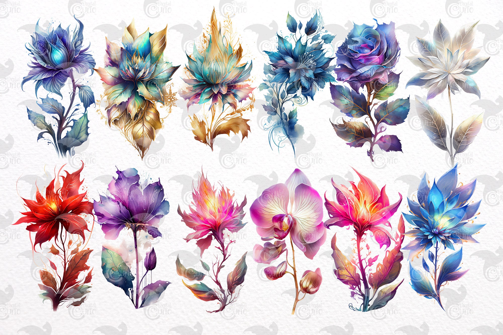 Watercolor Fantasy Flowers Clipart Floral Fantasy PNG Format - Etsy