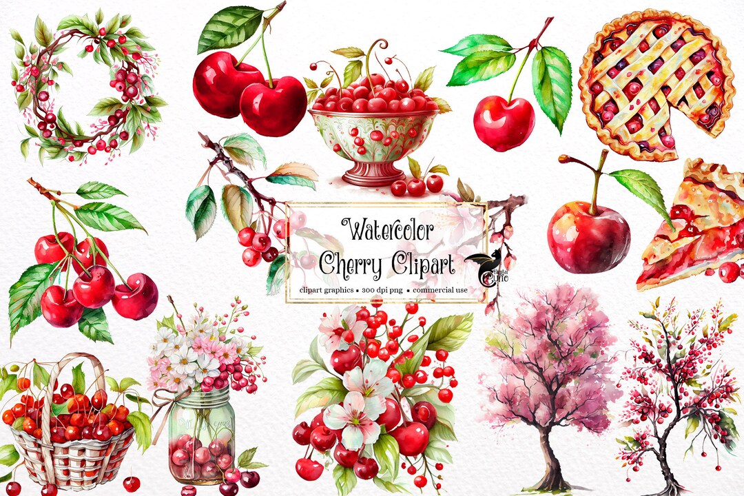 Watercolor Cherry Clipart - Digital Png Cherries Graphics for Instant ...