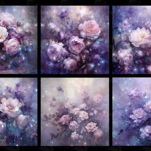 Starry Purple Floral Digital Paper, Celestial Digital Paper Fantasy ...