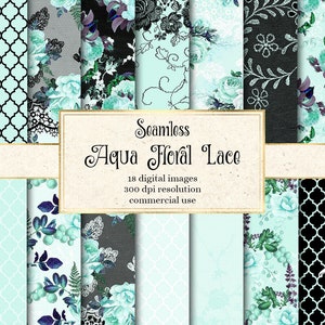 Aqua Floral Lace Digital Paper, Seamless Floral Patterns Rustic Flowers ...