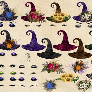 Witchy Faces Clipart, Halloween Witch Hats and Bouquets (digital ...