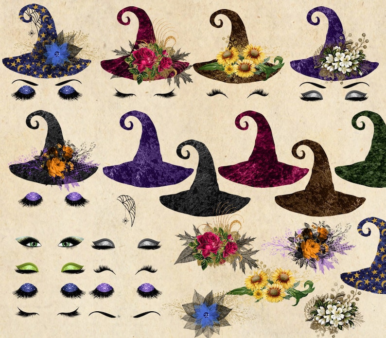 Witchy Faces Clipart, Halloween Witch Hats and Bouquets (digital ...