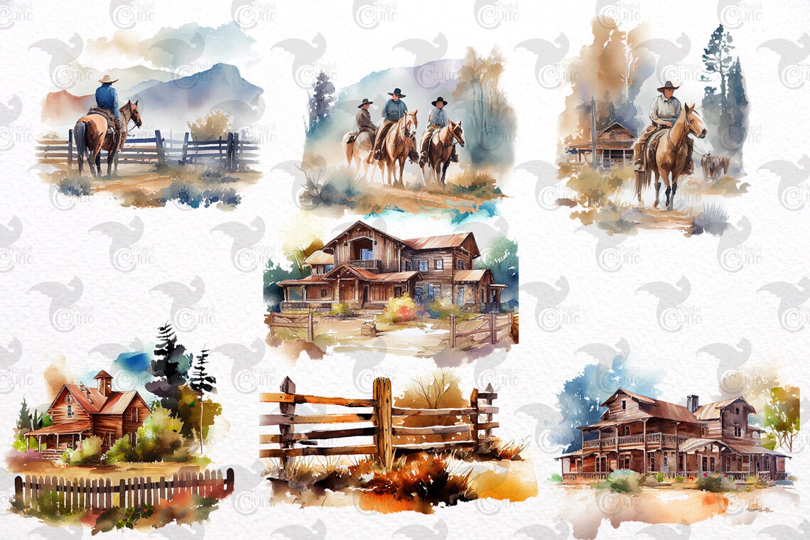 Watercolor Ranch Landscape Clipart – Western Scenes PNG (digital ...